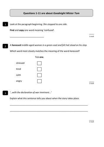 GOODNIGHT MISTER TOM SHORT SAMPLE KS2 READING TEST SATS STYLE WITH ...