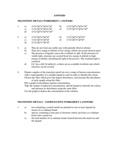 TRANSITION METALS WORKSHEET WITH ANSWERS | Teaching Resources