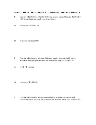 TRANSITION METALS WORKSHEET WITH ANSWERS | Teaching Resources