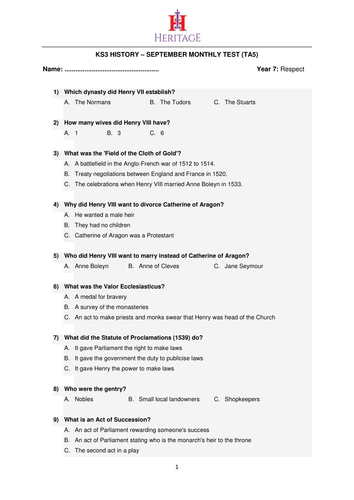 KS3 History - Completed Test | Teaching Resources