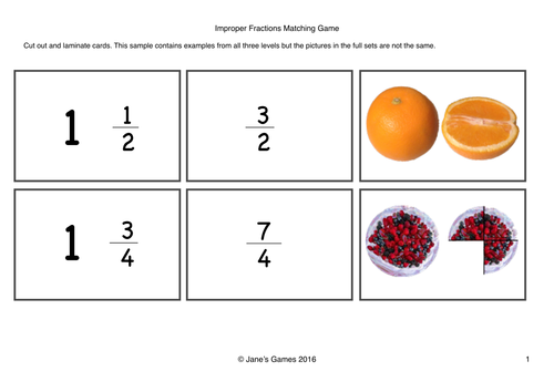 Improper fractions matching game SAMPLE | Teaching Resources