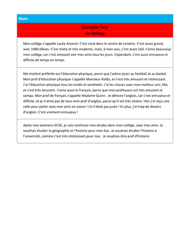 French GCSE Controlled Assessment Preparation on School | Teaching ...