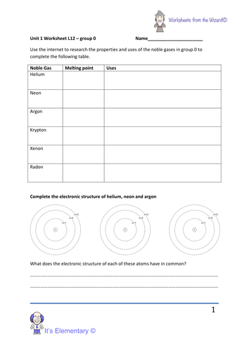 AQA GCSE unit 1 chemistry worksheet - group 0 the noble gases ...