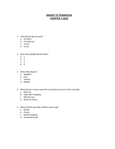 Bridge to Terabithia Chapter Multiple Choice Quizzes | Teaching Resources