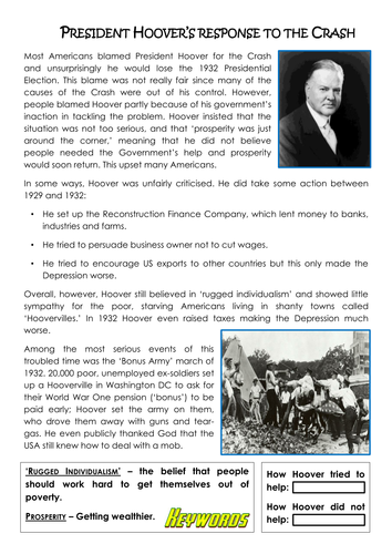 Hoover's Reaction to the Depression (AQA NEW SPEC PAPER 1D) | Teaching ...