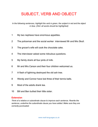 English: Subject - Verb - Object Worksheet by ReallLanguages - Teaching ... English: Subject - Verb - Object Worksheet by ReallLanguages - Teaching ...