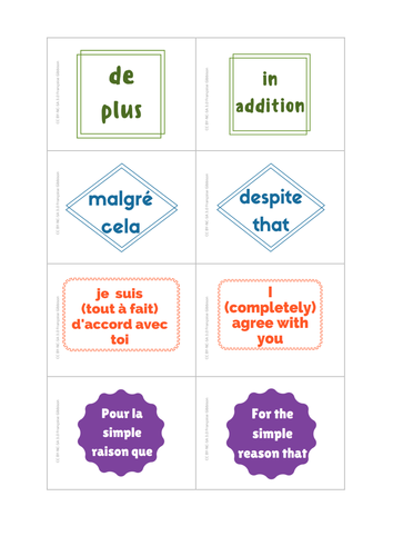 Practice or assess structure words-connectives in French (match cards ...