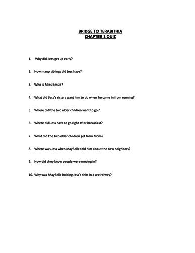 Bridge to Terabithia Chapter Short Answer Questions | Teaching Resources