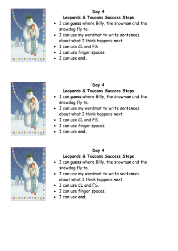 Snowman and the Snowdog by Raymond Briggs 6 day literacy plan year 2 ...