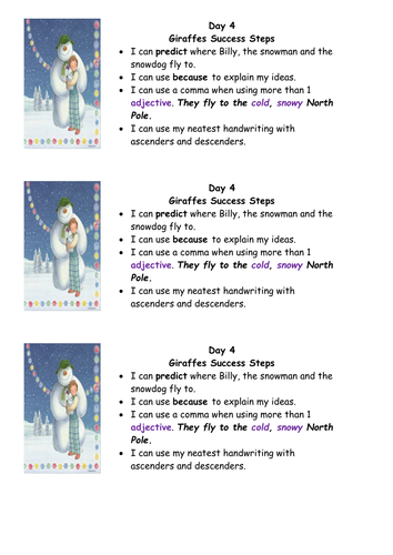 Snowman and the Snowdog by Raymond Briggs 6 day literacy plan year 2 ...