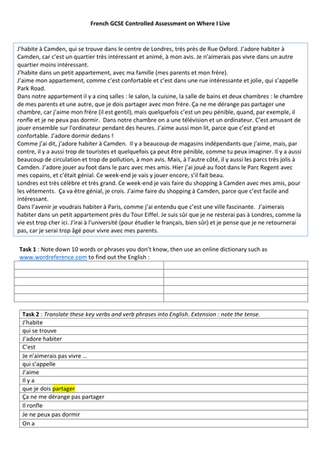 French GCSE Controlled Assessment Preparation: Where I Live | Teaching ...