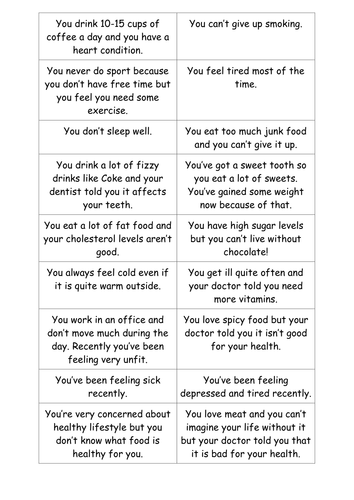 Giving advice on health (role-play cards) | Teaching Resources
