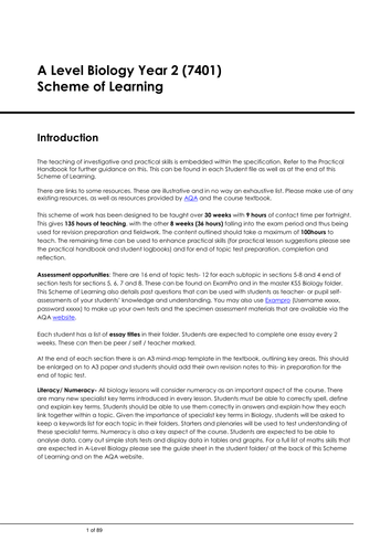 Complete Schemes of Learning for NEW AQA A Level Biology (7401/7402 ...