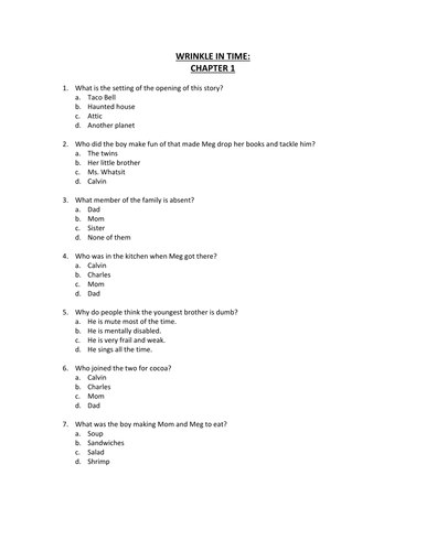 Wrinkle in Time Chapter MC Questions | Teaching Resources
