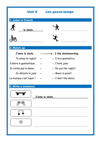 French hobbies (Les passe-temps) - Simple Worksheets (Studio/Expo ...