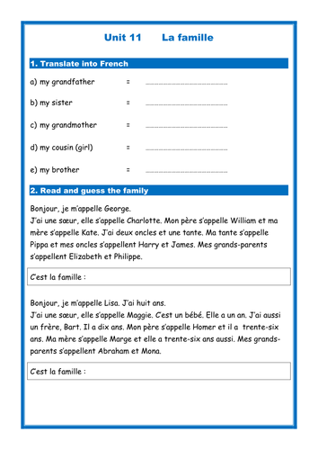 French family members (La famille) - Simple Worksheet (Studio/Expo ...
