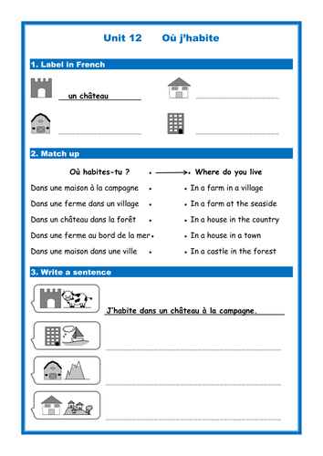 French places to live (Ou j'habite) - Simple Worksheets (Studio/Expo ...