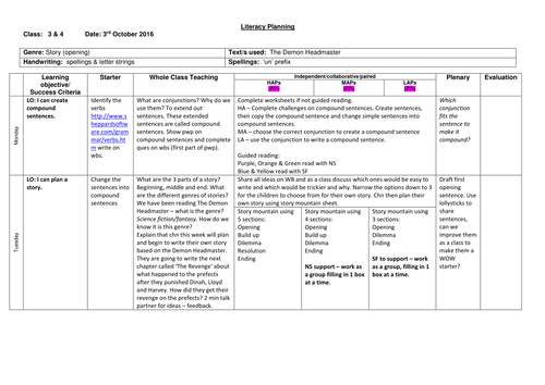 Literacy planning - The Demon Headmaster Year 3/4 | Teaching Resources