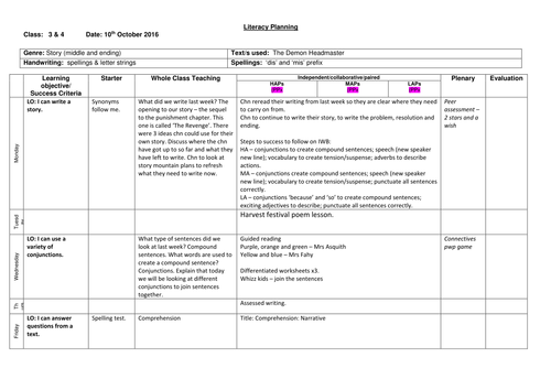 Literacy planning - The Demon Headmaster Year 3/4 | Teaching Resources
