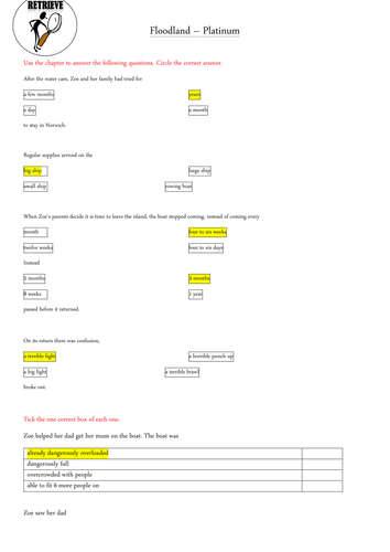 Whole Class Reading reources based on Fact Retrieval (book - Floodland ...