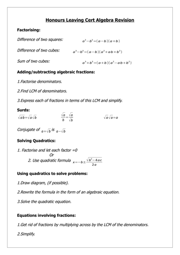 Advanced algebra revision | Teaching Resources