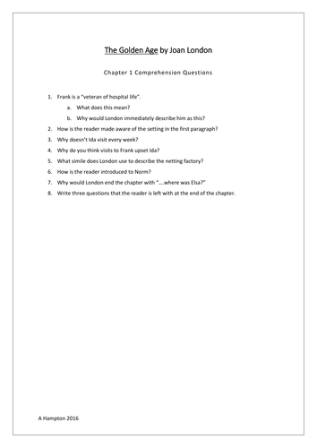 VCE English The Golden Age Joan London Chapter 1 Comprehension ...