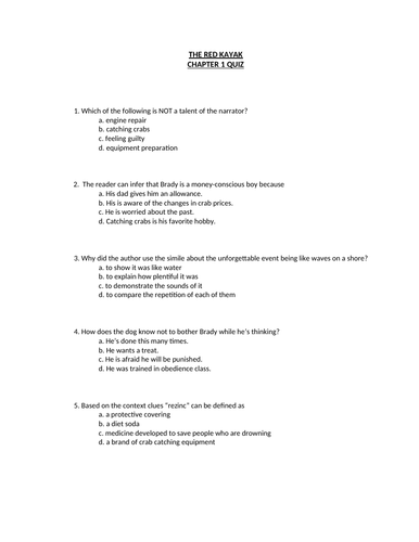 Red Kayak - Chapter Multiple Choice Question | Teaching Resources