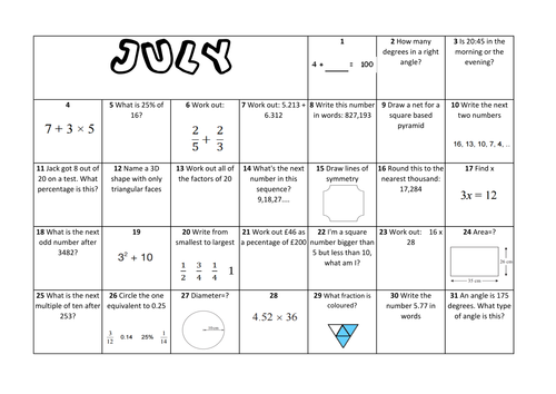 Question a Day Calendar (Maths) - July KS2 | Teaching Resources