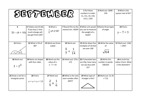 Question a Day Calendar (Maths) - September KS2 | Teaching Resources