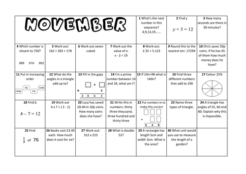 Question a Day Calendar (Maths) - November KS2 | Teaching Resources