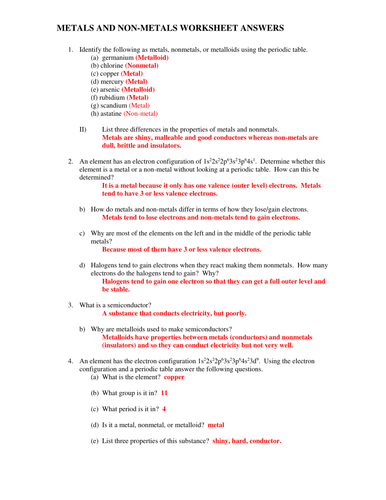 METALS AND NON METALS WORKSHEET WITH ANSWERS | Teaching Resources