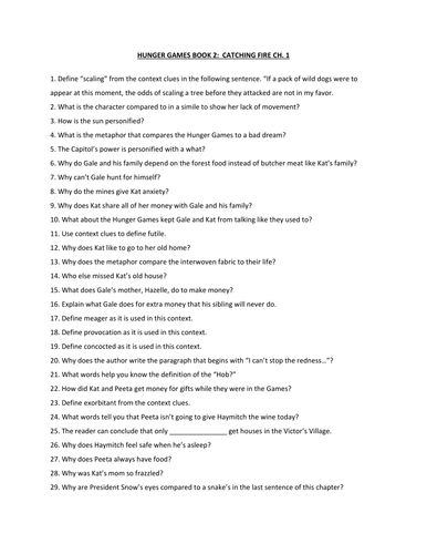 Hunger Games Bk 2 Catching Fire Chapter Short Answer tests | Teaching ...
