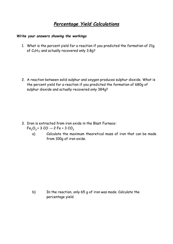 Percentage Yield Calculations | Teaching Resources