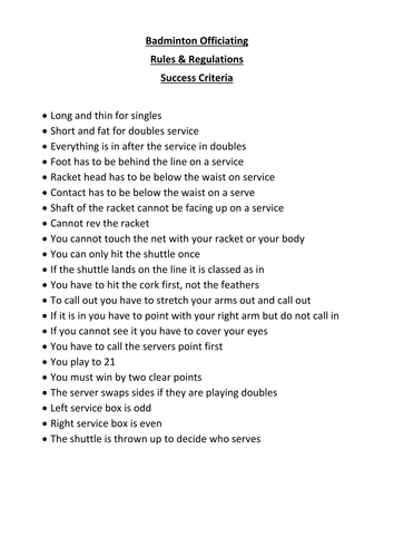 GCSE PE Badminton Officiating Personal Learning Assessment Checklist ...