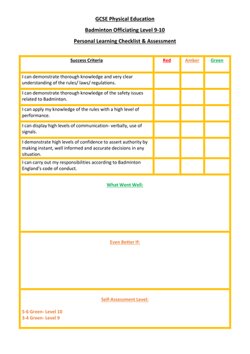 GCSE PE Badminton Officiating Personal Learning Assessment Checklist ...