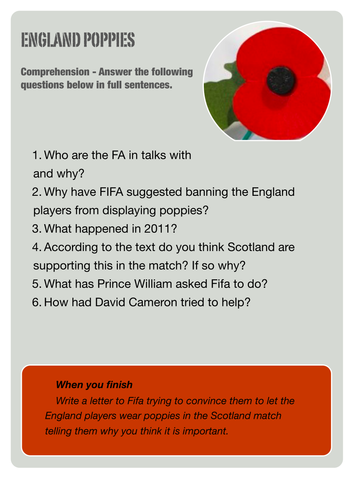 England, Poppies & Remembrance Day. Article and comprehension ...