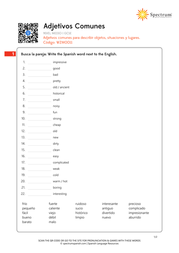 WordZone: Adjetivos Comunes (Common Adjectives) | Teaching Resources