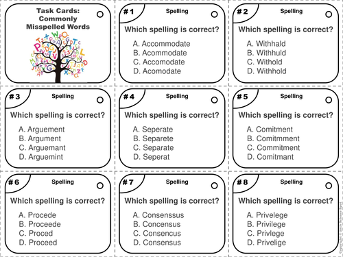 Commonly Misspelled Words Task Cards | Teaching Resources