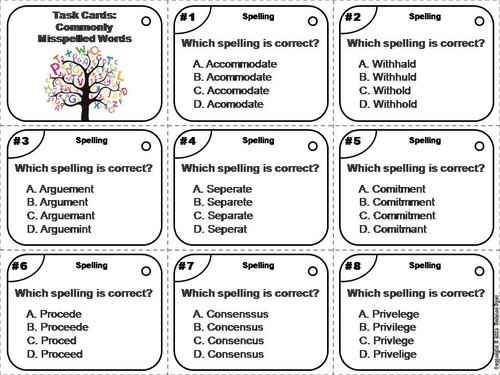 Commonly Misspelled Words Task Cards | Teaching Resources