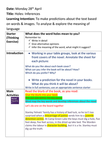 Holes - Scheme of Learning Lesson 1&2 | Teaching Resources