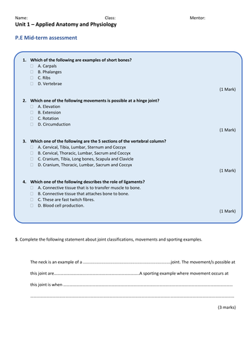 Edexcel GCSE Physical Education Unit 1 Applied Anatomy and Physiology ...
