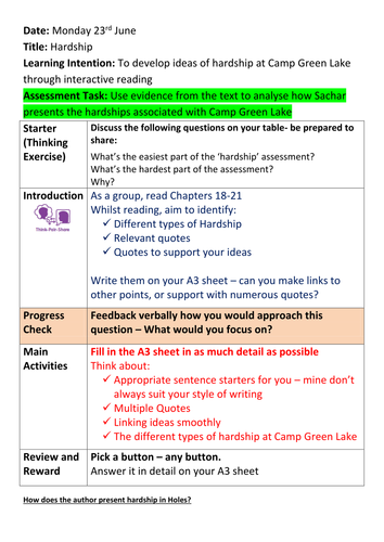 Holes - Scheme of Learning - Lessons 17&18 | Teaching Resources