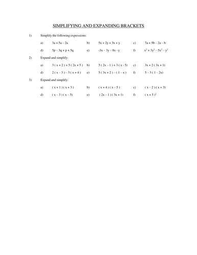 Simplifying and Expanding Brackets Homework | Teaching Resources