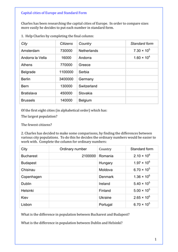 Maths KS3 KS4 Standard Form. Lots of questions based on the capitals of ...