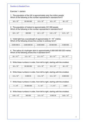 Key Stage 3 Maths Standard Form. Four sides of questions in the style ...