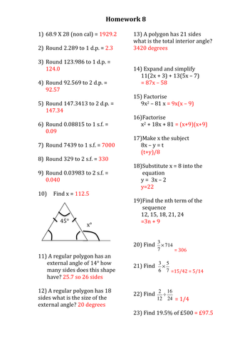 Mathematics Homework 8 | Teaching Resources