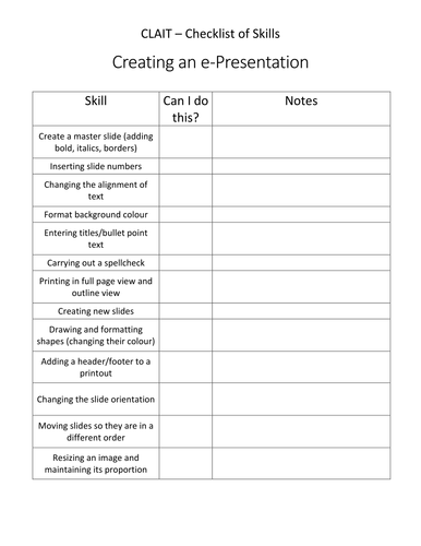 ICT CLAIT Assessments: Checklist of Skills Required | Teaching Resources