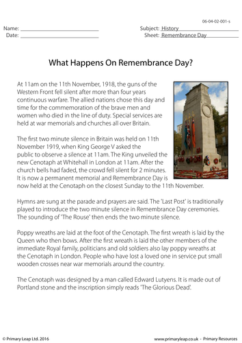 Reading Comprehension - What Happens on Remembrance Day? | Teaching ...