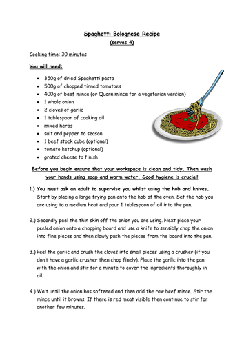 Reading Comprehension KS2 - Spaghetti Bolognese Recipe - Year 3 or 4 ...