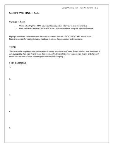Script Writing Task - VCE Media Unit 1 & 2 | Teaching Resources